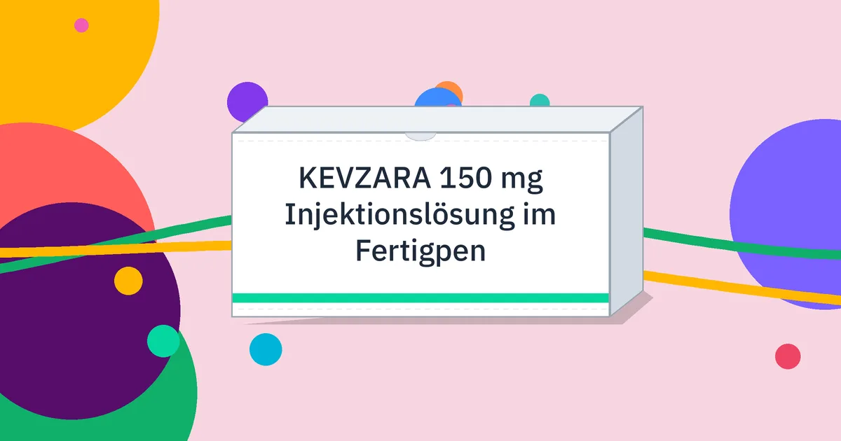 Symbolbild: Packung mit der Aufschrift KEVZARA 150 mg Injektionslösung im Fertigpen (PZN 12727262) – Verfügbarkeit und Bezug in Apotheken in Frankfurt am Main