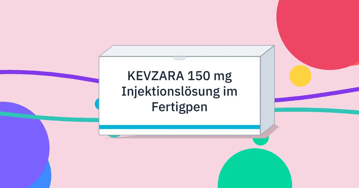 Symbolbild: Packung mit der Aufschrift KEVZARA 150 mg Injektionslösung im Fertigpen (PZN 18202684) – Verfügbarkeit und Bezug in Apotheken in Frankfurt am Main