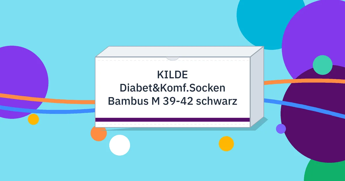 Symbolbild: Packung mit der Aufschrift KILDE Diabet&Komf.Socken Bambus M 39-42 schwarz (PZN 20798187) – Verfügbarkeit und Bezug in Apotheken in Frankfurt am Main