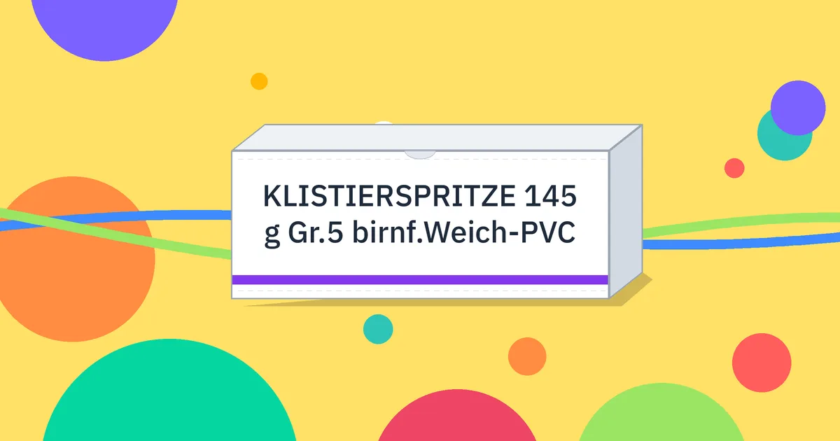 Symbolbild: Packung mit der Aufschrift KLISTIERSPRITZE 145 g Gr.5 birnf.Weich-PVC (PZN 08528404) – Verfügbarkeit und Bezug in Apotheken in Frankfurt am Main