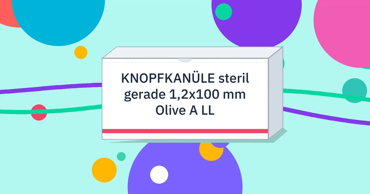 Symbolbild: Packung mit der Aufschrift KNOPFKANÜLE steril gerade 1,2x100 mm Olive A LL (PZN 19977944) – Verfügbarkeit und Bezug in Apotheken in Frankfurt am Main