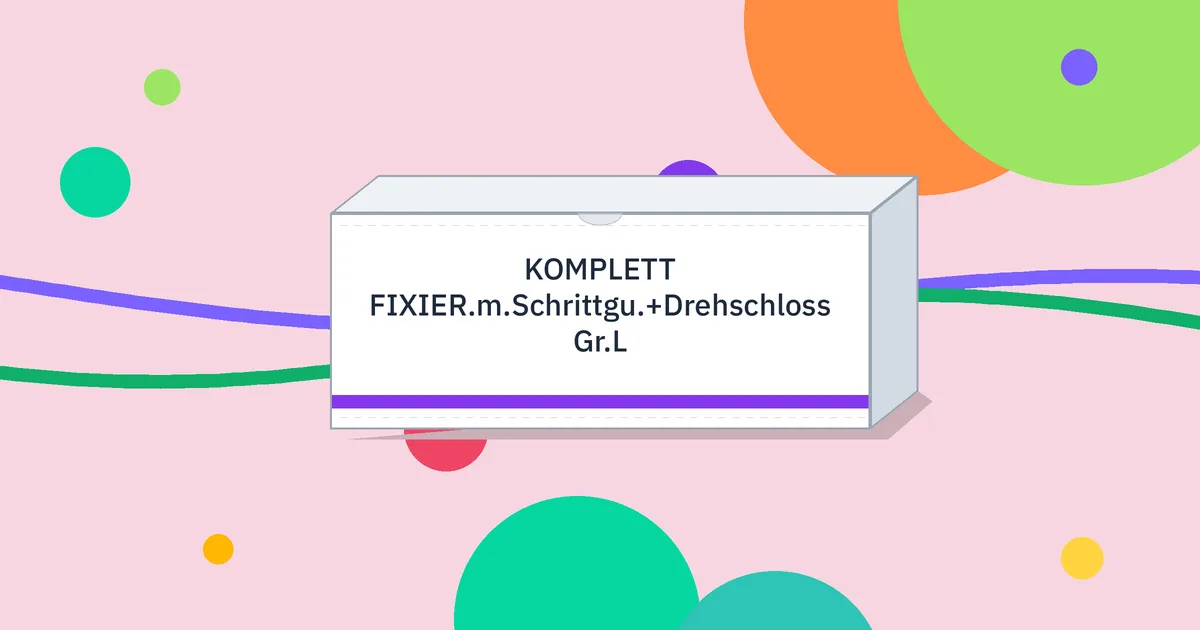 Symbolbild: Packung mit der Aufschrift KOMPLETT FIXIER.m.Schrittgu.+Drehschloss Gr.L (PZN 11573176) – Verfügbarkeit und Bezug in Apotheken in Frankfurt am Main