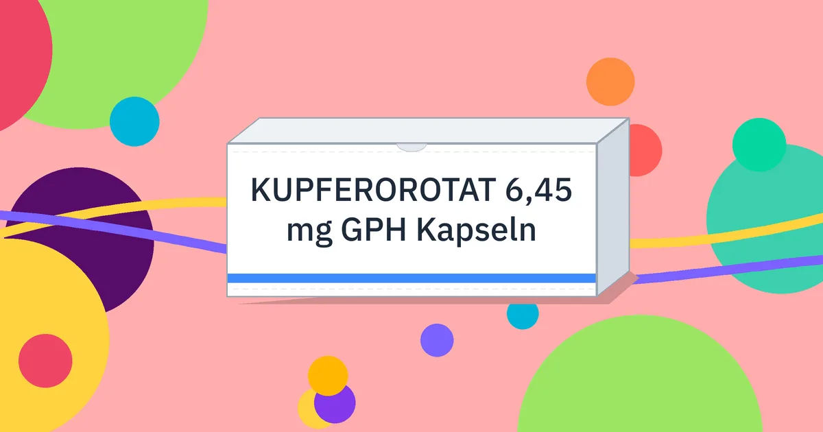 Symbolbild: Packung mit der Aufschrift KUPFEROROTAT 6,45 mg GPH Kapseln (PZN 11657973) – Verfügbarkeit und Bezug in Apotheken in Frankfurt am Main