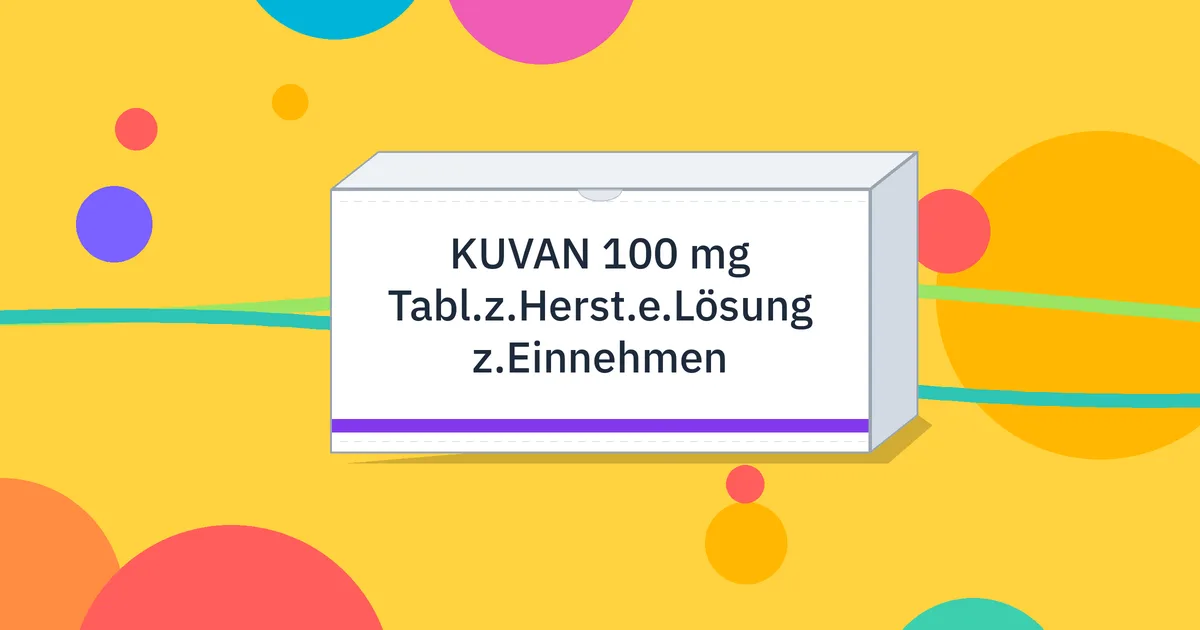 Symbolbild: Packung mit der Aufschrift KUVAN 100 mg Tabl.z.Herst.e.Lösung z.Einnehmen (PZN 20113829) – Verfügbarkeit und Bezug in Apotheken in Frankfurt am Main