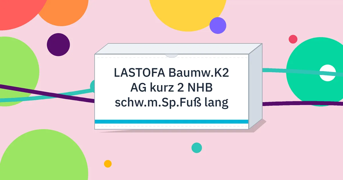 Symbolbild: Packung mit der Aufschrift LASTOFA Baumw.K2 AG kurz 2 NHB schw.m.Sp.Fuß lang (PZN 01947776) – Verfügbarkeit und Bezug in Apotheken in Frankfurt am Main