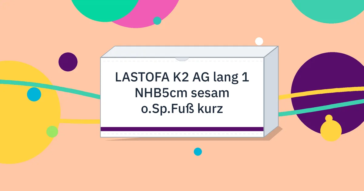 Symbolbild: Packung mit der Aufschrift LASTOFA K2 AG lang 1 NHB5cm sesam o.Sp.Fuß kurz (PZN 13802310) – Verfügbarkeit und Bezug in Apotheken in Frankfurt am Main