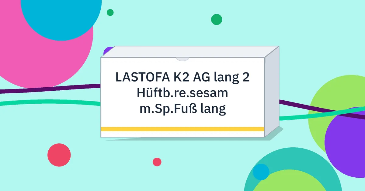Symbolbild: Packung mit der Aufschrift LASTOFA K2 AG lang 2 Hüftb.re.sesam m.Sp.Fuß lang (PZN 13810947) – Verfügbarkeit und Bezug in Apotheken in Frankfurt am Main
