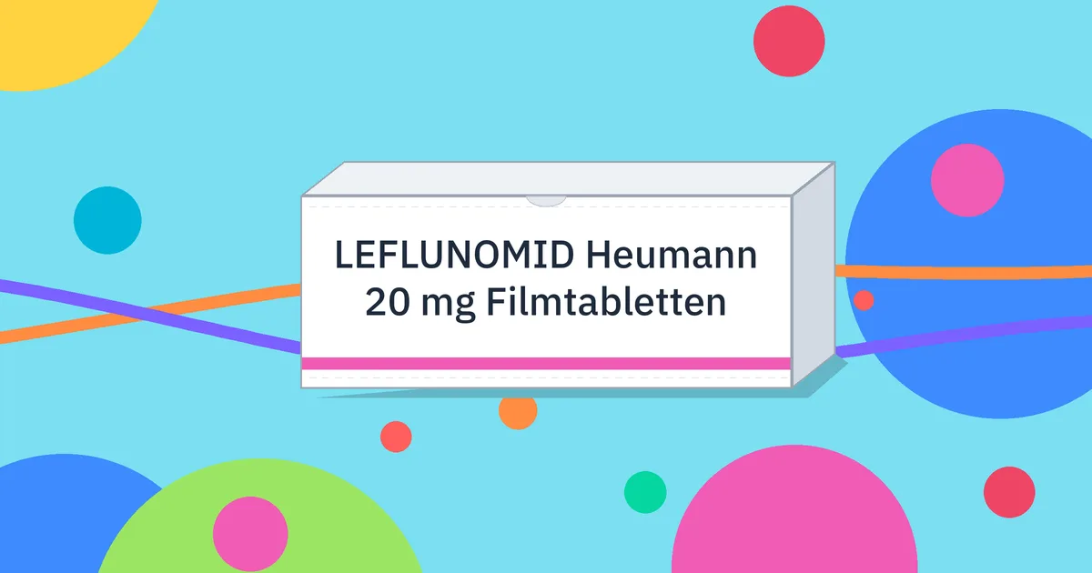 Symbolbild: Packung mit der Aufschrift LEFLUNOMID Heumann 20 mg Filmtabletten (PZN 13725615) – Verfügbarkeit und Bezug in Apotheken in Frankfurt am Main