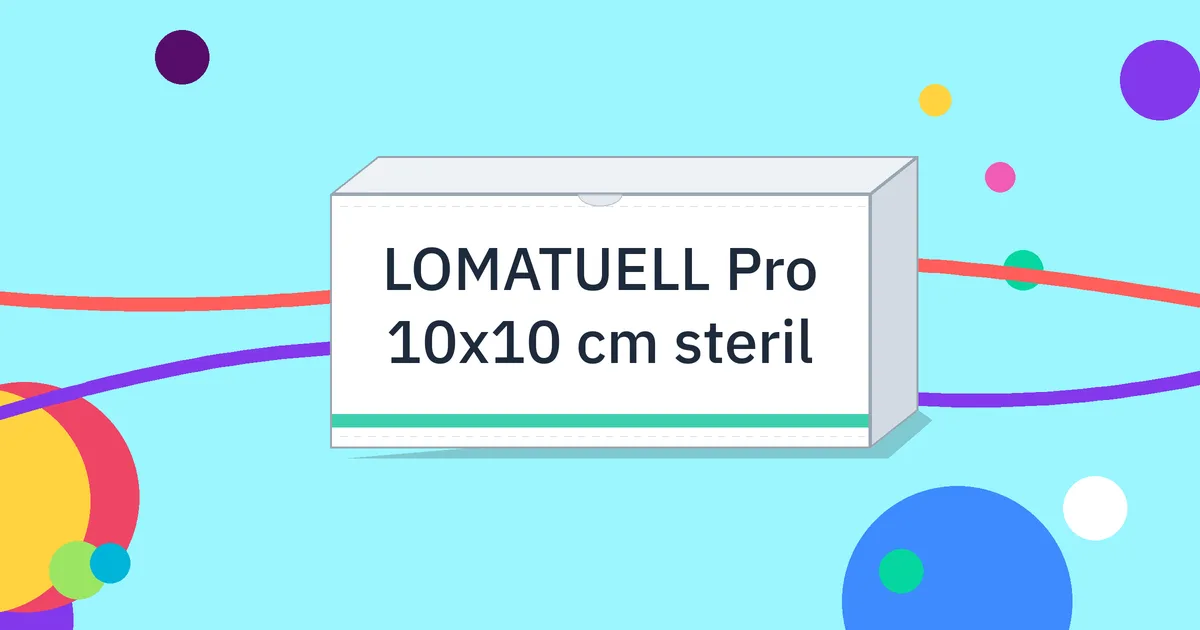 Symbolbild: Packung mit der Aufschrift LOMATUELL Pro 10x10 cm steril (PZN 19725160) – Verfügbarkeit und Bezug in Apotheken in Frankfurt am Main