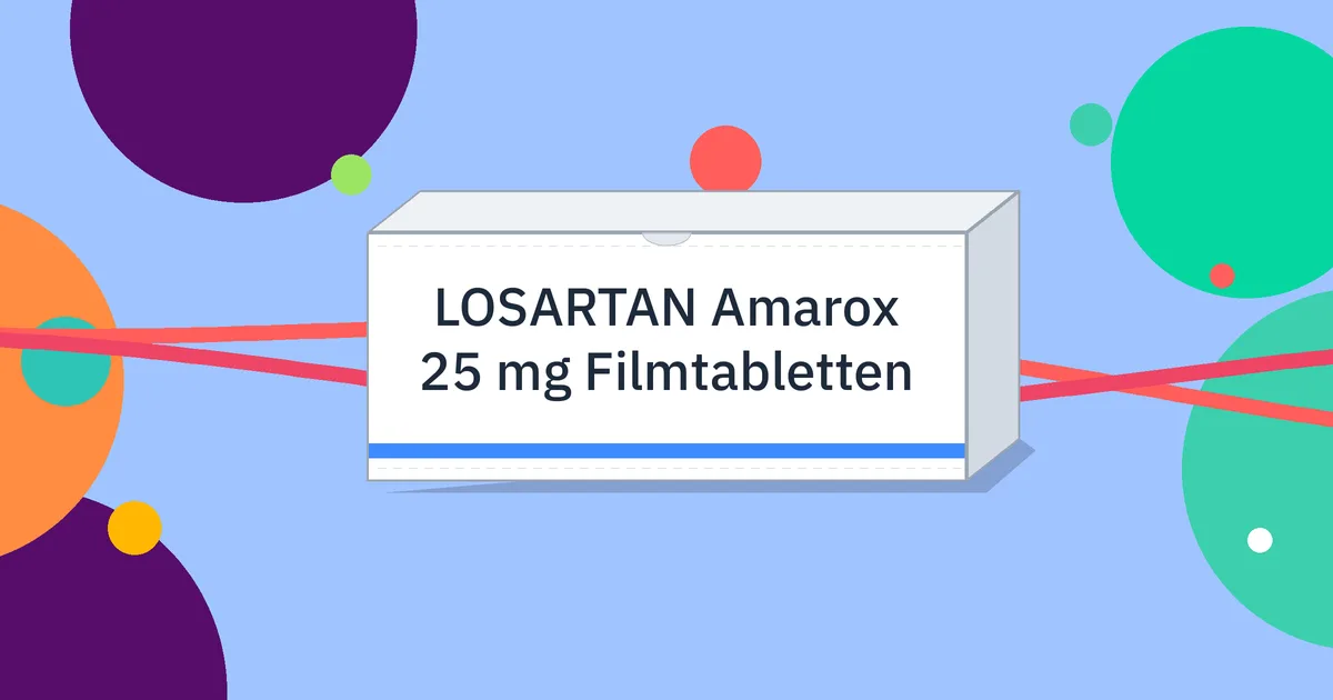 Symbolbild: Packung mit der Aufschrift LOSARTAN Amarox 25 mg Filmtabletten (PZN 18273425) – Verfügbarkeit und Bezug in Apotheken in Frankfurt am Main