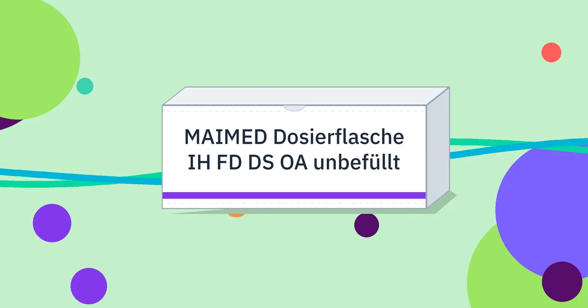 Symbolbild: Packung mit der Aufschrift MAIMED Dosierflasche IH FD DS OA unbefüllt (PZN 10729110) – Verfügbarkeit und Bezug in Apotheken in Frankfurt am Main