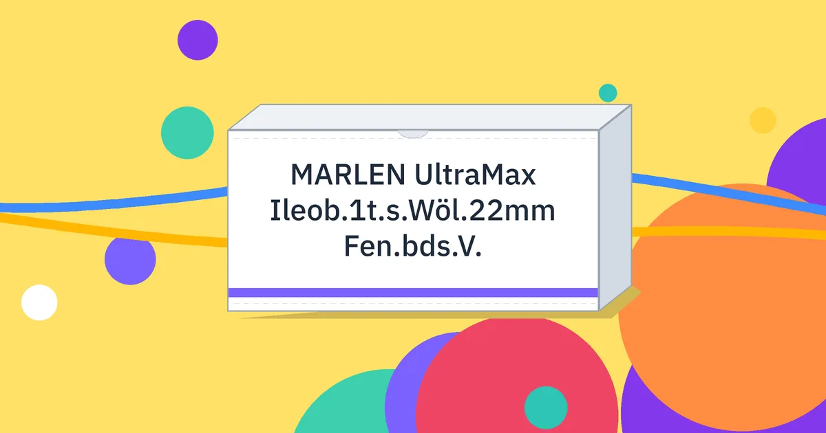 Symbolbild: Packung mit der Aufschrift MARLEN UltraMax Ileob.1t.s.Wöl.22mm Fen.bds.V. (PZN 03294060) – Verfügbarkeit und Bezug in Apotheken in Frankfurt am Main