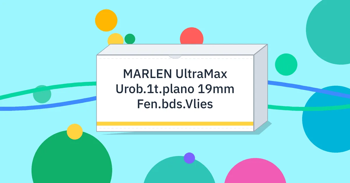 Symbolbild: Packung mit der Aufschrift MARLEN UltraMax Urob.1t.plano 19mm Fen.bds.Vlies (PZN 10741358) – Verfügbarkeit und Bezug in Apotheken in Frankfurt am Main