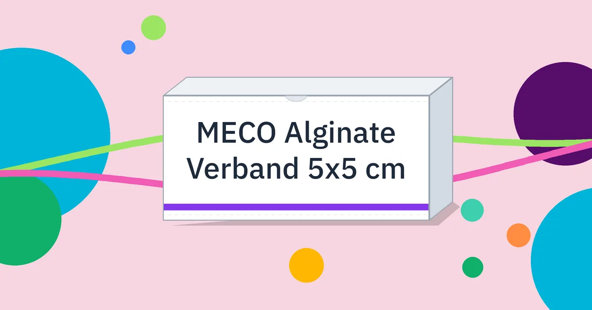 Symbolbild: Packung mit der Aufschrift MECO Alginate Verband 5x5 cm (PZN 18338219) – Verfügbarkeit und Bezug in Apotheken in Frankfurt am Main