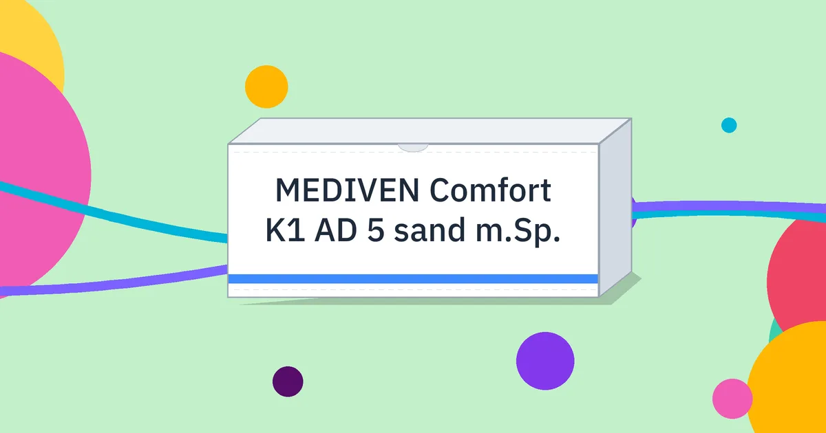 Symbolbild: Packung mit der Aufschrift MEDIVEN Comfort K1 AD 5 sand m.Sp. (PZN 19005773) – Verfügbarkeit und Bezug in Apotheken in Frankfurt am Main