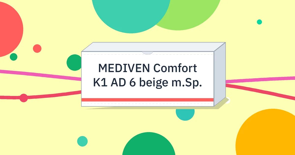 Symbolbild: Packung mit der Aufschrift MEDIVEN Comfort K1 AD 6 beige m.Sp. (PZN 14559484) – Verfügbarkeit und Bezug in Apotheken in Frankfurt am Main