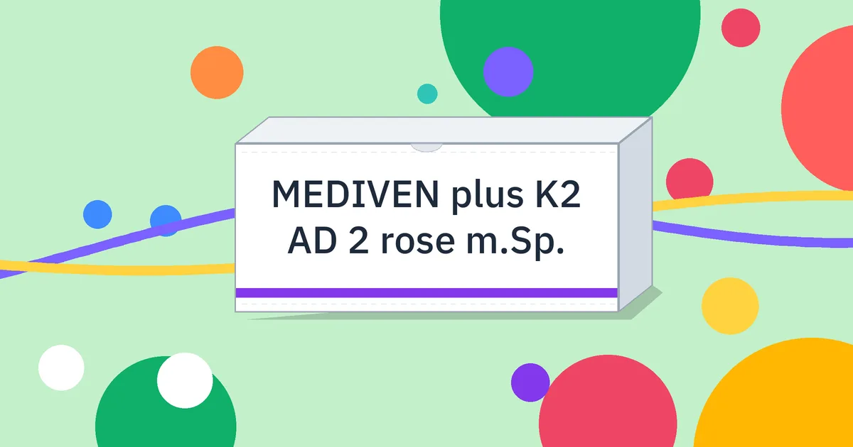 Symbolbild: Packung mit der Aufschrift MEDIVEN plus K2 AD 2 rose m.Sp. (PZN 15093094) – Verfügbarkeit und Bezug in Apotheken in Frankfurt am Main