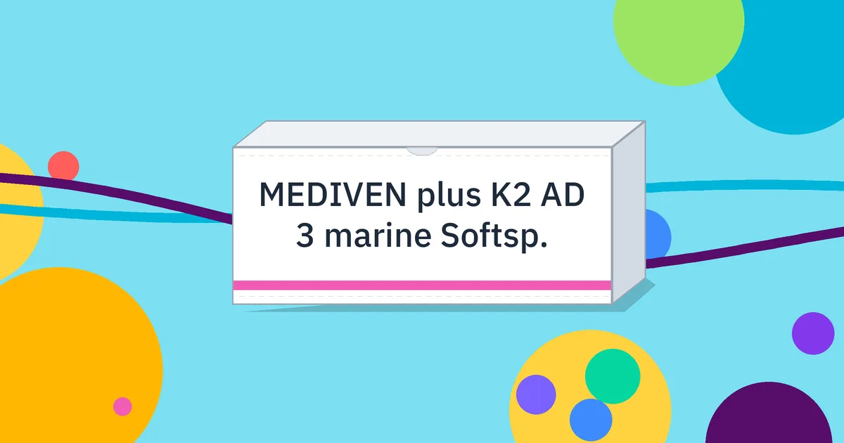 Symbolbild: Packung mit der Aufschrift MEDIVEN plus K2 AD 3 marine Softsp. (PZN 15092522) – Verfügbarkeit und Bezug in Apotheken in Frankfurt am Main