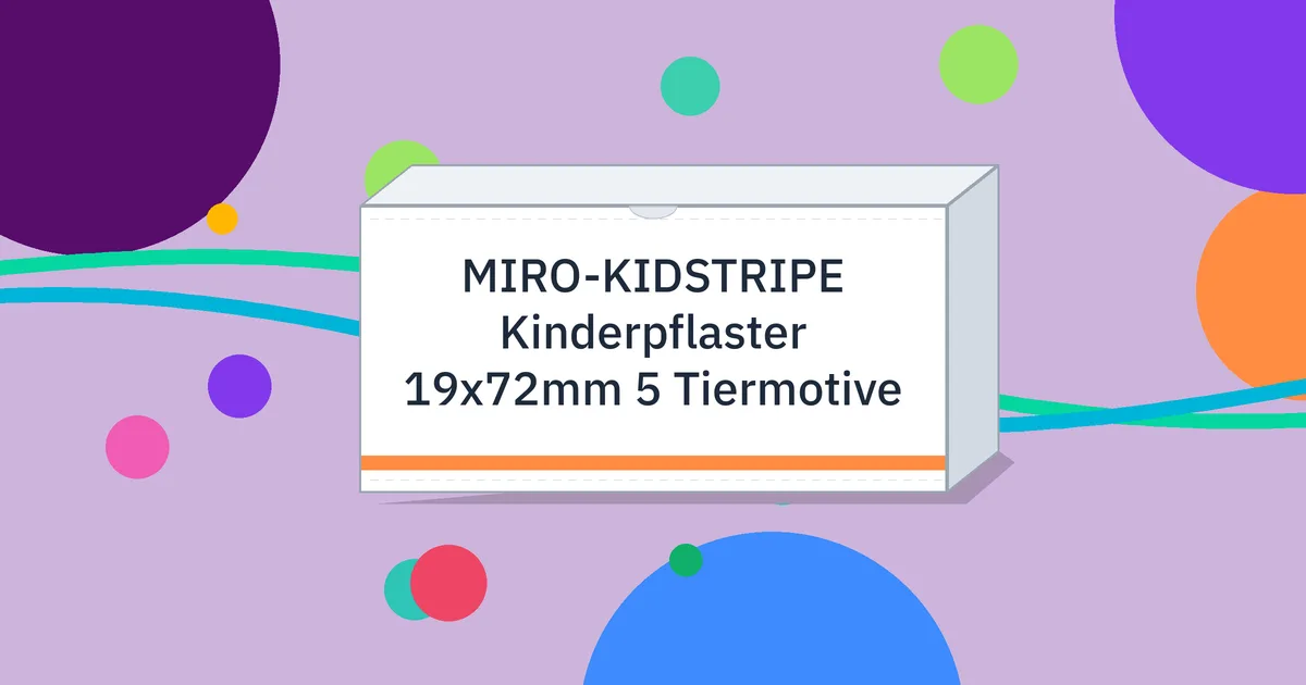 Symbolbild: Packung mit der Aufschrift MIRO-KIDSTRIPE Kinderpflaster 19x72mm 5 Tiermotive (PZN 19731462) – Verfügbarkeit und Bezug in Apotheken in Frankfurt am Main