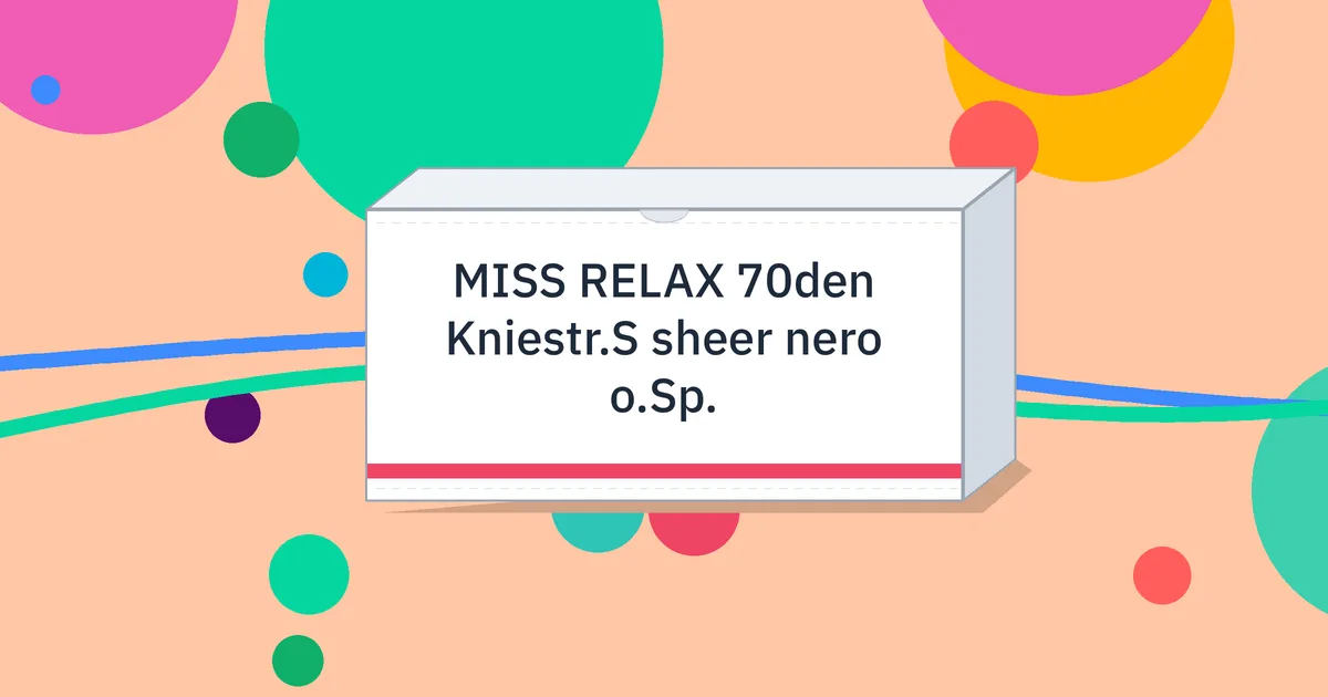 Symbolbild: Packung mit der Aufschrift MISS RELAX 70den Kniestr.S sheer nero o.Sp. (PZN 20289729) – Verfügbarkeit und Bezug in Apotheken in Frankfurt am Main