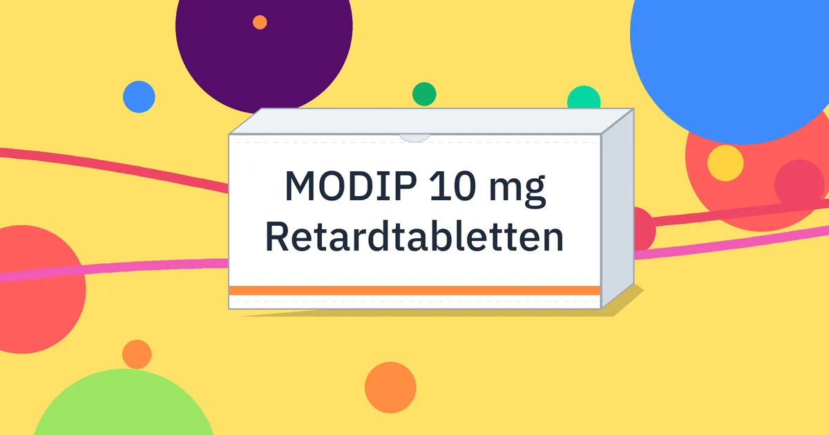 Symbolbild: Packung mit der Aufschrift MODIP 10 mg Retardtabletten (PZN 07519716) – Verfügbarkeit und Bezug in Apotheken in Frankfurt am Main