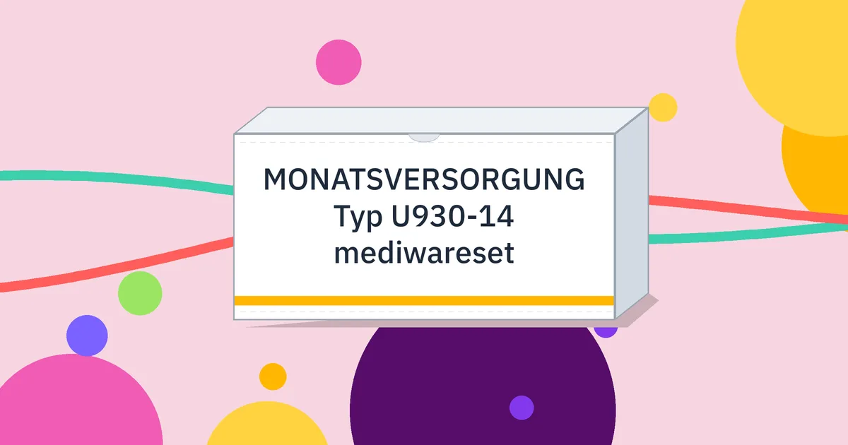 Symbolbild: Packung mit der Aufschrift MONATSVERSORGUNG Typ U930-14 mediwareset (PZN 19555918) – Verfügbarkeit und Bezug in Apotheken in Frankfurt am Main