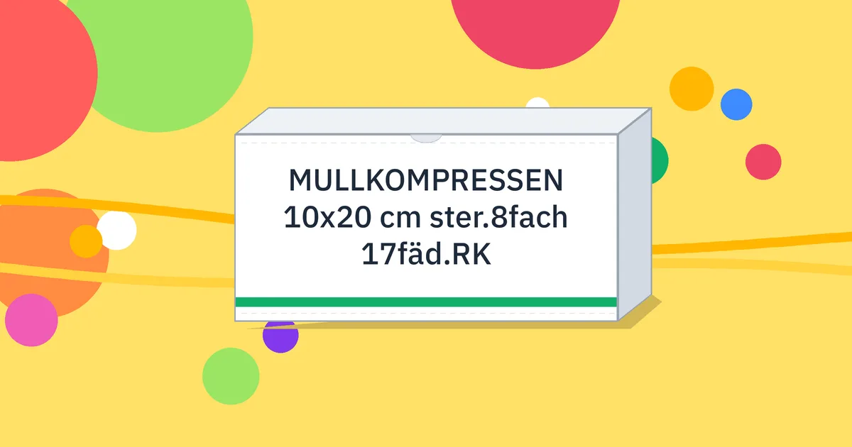 Symbolbild: Packung mit der Aufschrift MULLKOMPRESSEN 10x20 cm ster.8fach 17fäd.RK (PZN 06929719) – Verfügbarkeit und Bezug in Apotheken in Frankfurt am Main