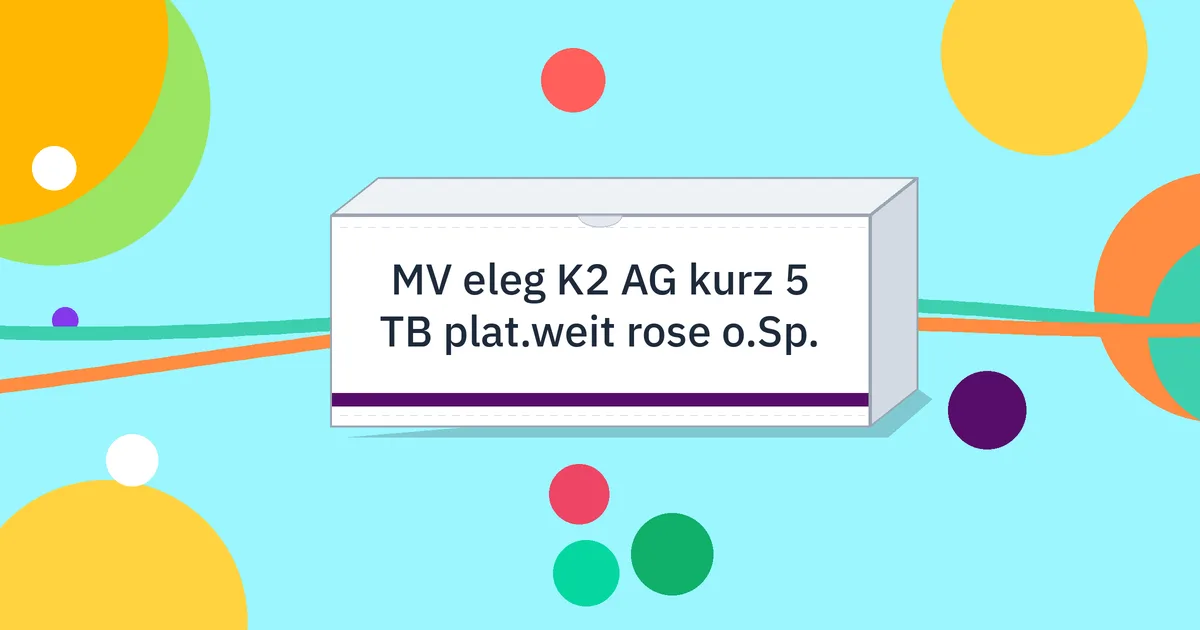 Symbolbild: Packung mit der Aufschrift MV eleg K2 AG kurz 5 TB plat.weit rose o.Sp. (PZN 14696608) – Verfügbarkeit und Bezug in Apotheken in Frankfurt am Main