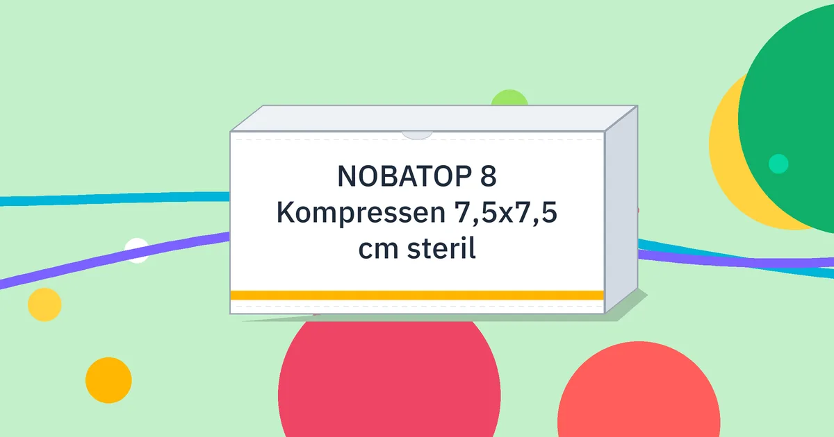 Symbolbild: Packung mit der Aufschrift NOBATOP 8 Kompressen 7,5x7,5 cm steril (PZN 07385629) – Verfügbarkeit und Bezug in Apotheken in Frankfurt am Main