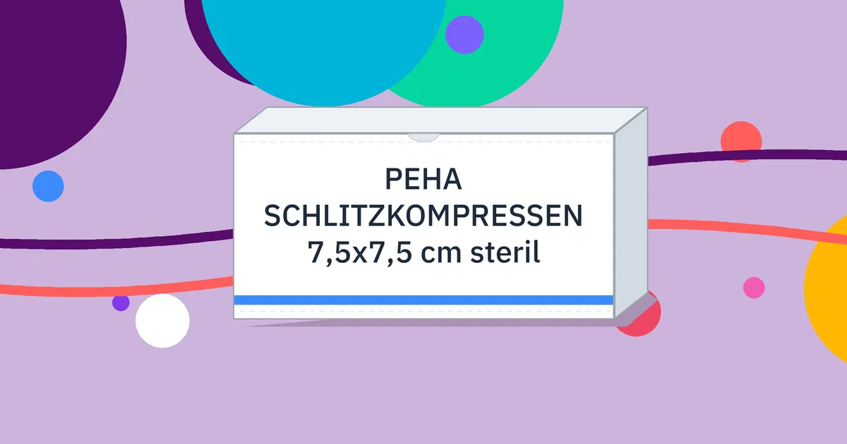 Symbolbild: Packung mit der Aufschrift PEHA SCHLITZKOMPRESSEN 7,5x7,5 cm steril (PZN 19487200) – Verfügbarkeit und Bezug in Apotheken in Frankfurt am Main