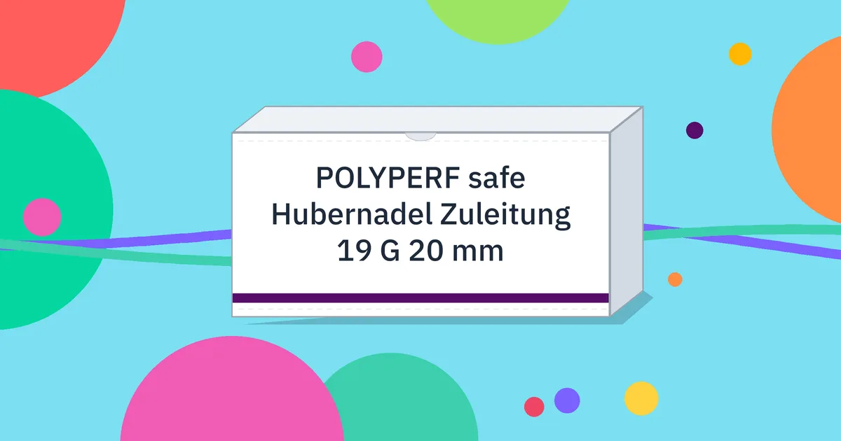 Symbolbild: Packung mit der Aufschrift POLYPERF safe Hubernadel Zuleitung 19 G 20 mm (PZN 13866244) – Verfügbarkeit und Bezug in Apotheken in Frankfurt am Main
