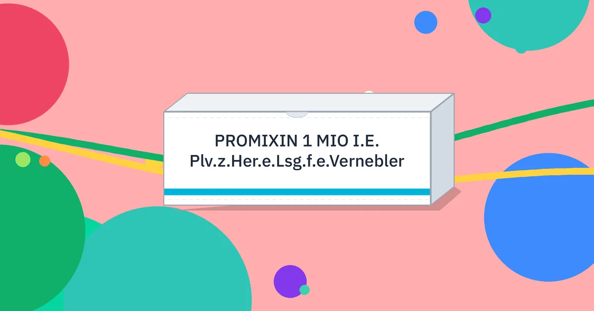 Symbolbild: Packung mit der Aufschrift PROMIXIN 1 MIO I.E. Plv.z.Her.e.Lsg.f.e.Vernebler (PZN 11029478) – Verfügbarkeit und Bezug in Apotheken in Frankfurt am Main