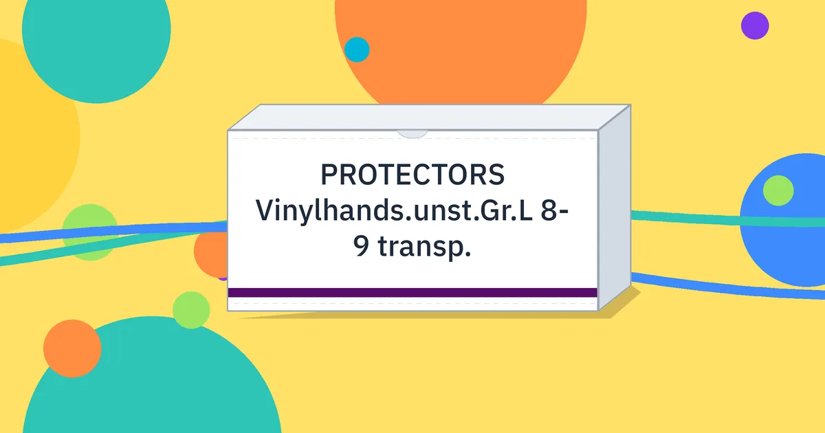 Symbolbild: Packung mit der Aufschrift PROTECTORS Vinylhands.unst.Gr.L 8-9 transp. (PZN 04688105) – Verfügbarkeit und Bezug in Apotheken in Frankfurt am Main