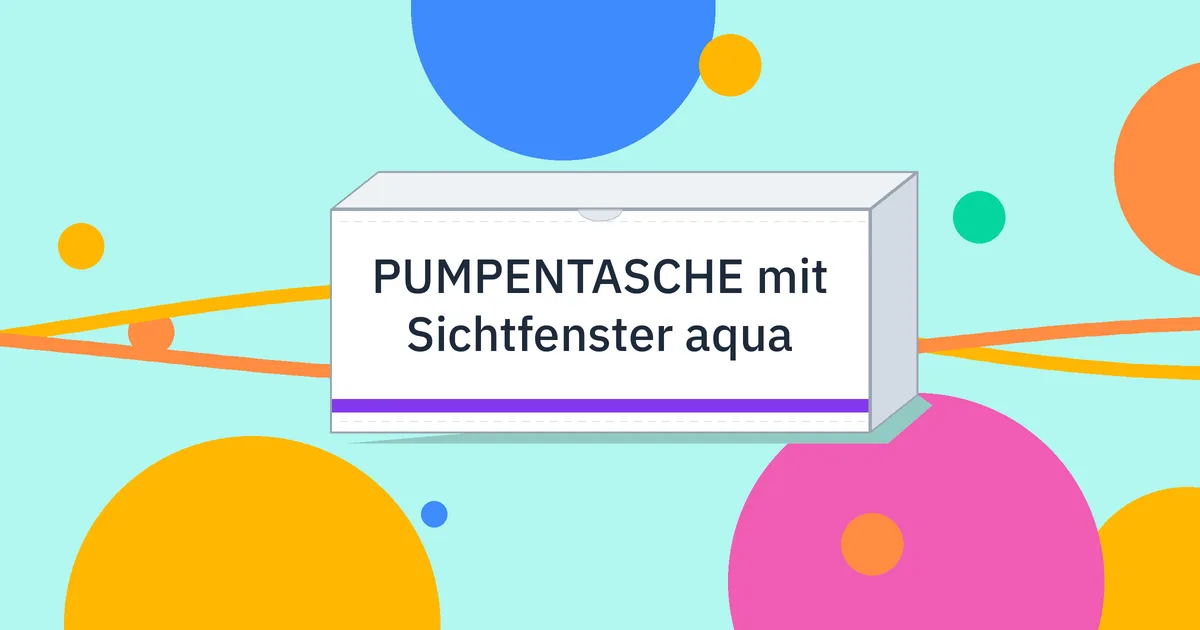 Symbolbild: Packung mit der Aufschrift PUMPENTASCHE mit Sichtfenster aqua (PZN 19524220) – Verfügbarkeit und Bezug in Apotheken in Frankfurt am Main