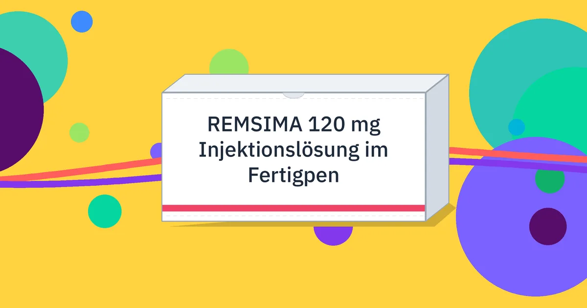 Symbolbild: Packung mit der Aufschrift REMSIMA 120 mg Injektionslösung im Fertigpen (PZN 17852351) – Verfügbarkeit und Bezug in Apotheken in Frankfurt am Main
