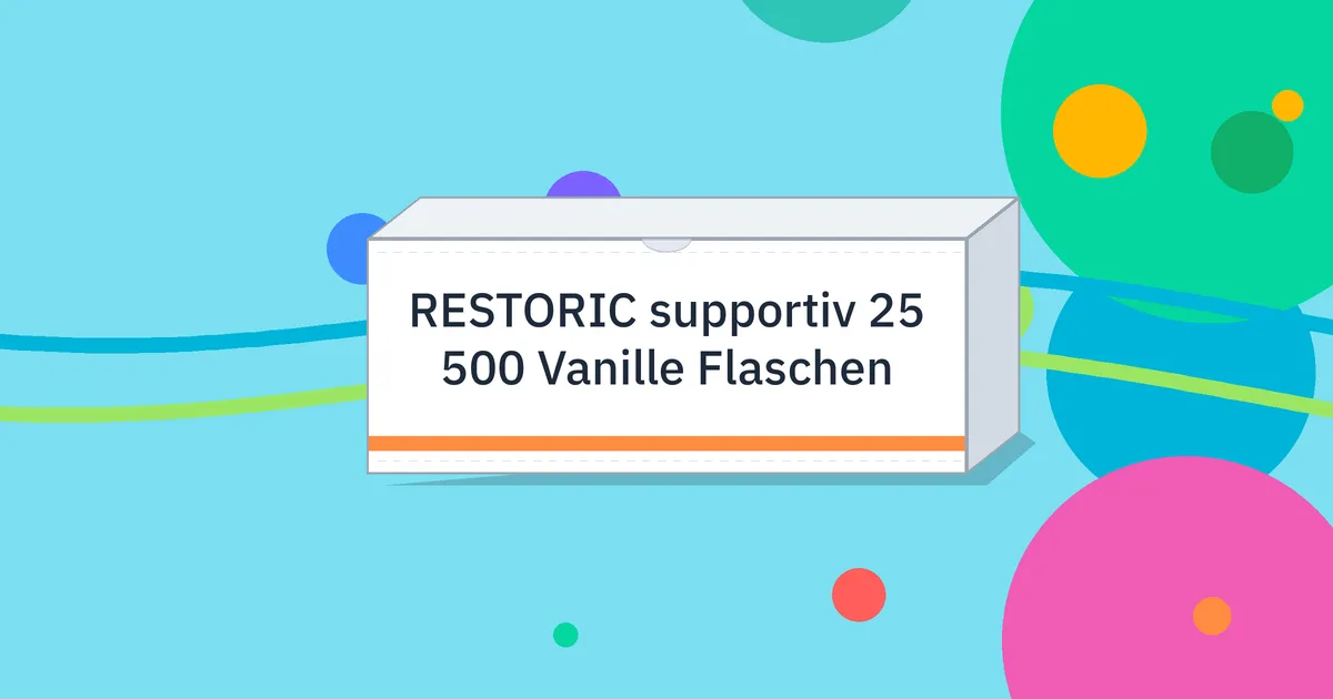 Symbolbild: Packung mit der Aufschrift RESTORIC supportiv 25 500 Vanille Flaschen (PZN 18795715) – Verfügbarkeit und Bezug in Apotheken in Frankfurt am Main