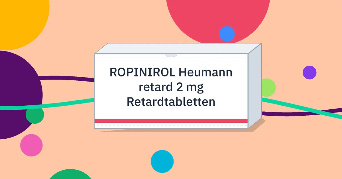 Symbolbild: Packung mit der Aufschrift ROPINIROL Heumann retard 2 mg Retardtabletten (PZN 10065147) – Verfügbarkeit und Bezug in Apotheken in Frankfurt am Main