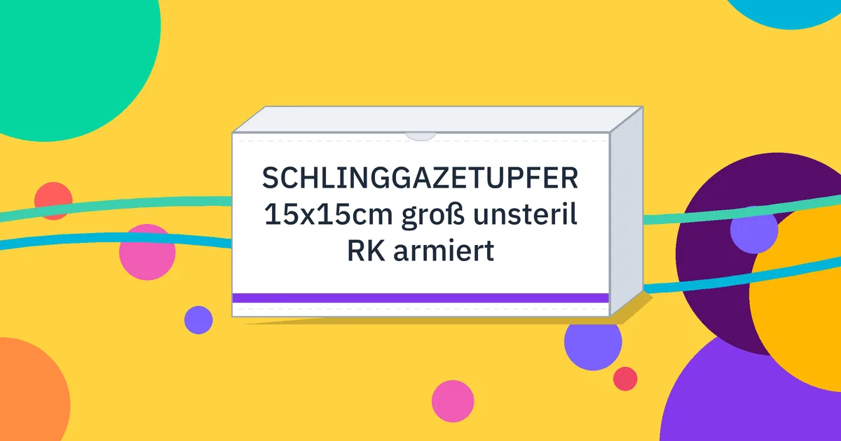 Symbolbild: Packung mit der Aufschrift SCHLINGGAZETUPFER 15x15cm groß unsteril RK armiert (PZN 16145321) – Verfügbarkeit und Bezug in Apotheken in Frankfurt am Main