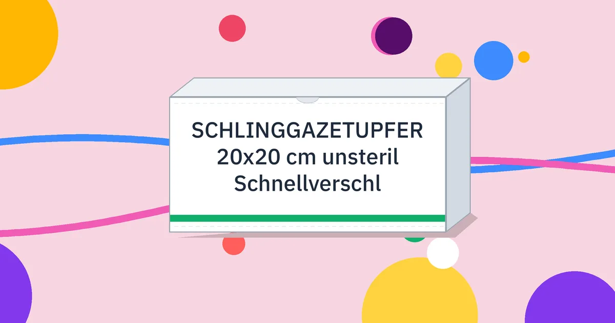 Symbolbild: Packung mit der Aufschrift SCHLINGGAZETUPFER 20x20 cm unsteril Schnellverschl (PZN 16657593) – Verfügbarkeit und Bezug in Apotheken in Frankfurt am Main