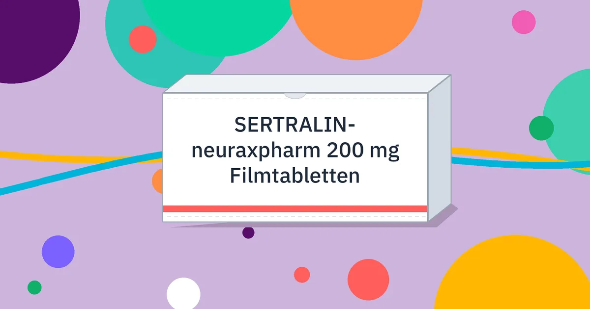 Symbolbild: Packung mit der Aufschrift SERTRALIN-neuraxpharm 200 mg Filmtabletten (PZN 16624211) – Verfügbarkeit und Bezug in Apotheken in Frankfurt am Main