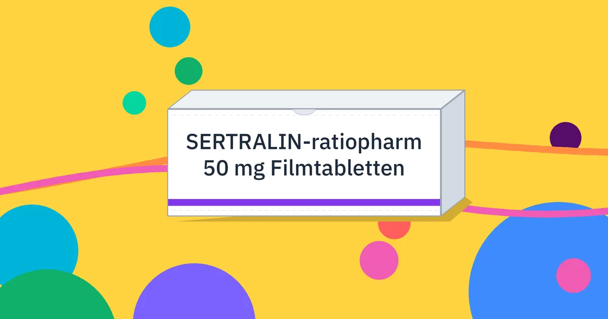 Symbolbild: Packung mit der Aufschrift SERTRALIN-ratiopharm 50 mg Filmtabletten (PZN 01054943) – Verfügbarkeit und Bezug in Apotheken in Frankfurt am Main