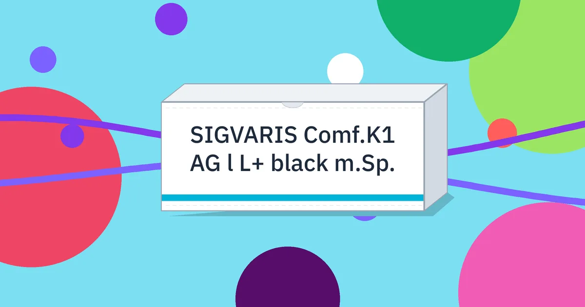 Symbolbild: Packung mit der Aufschrift SIGVARIS Comf.K1 AG l L+ black m.Sp. (PZN 17043479) – Verfügbarkeit und Bezug in Apotheken in Frankfurt am Main