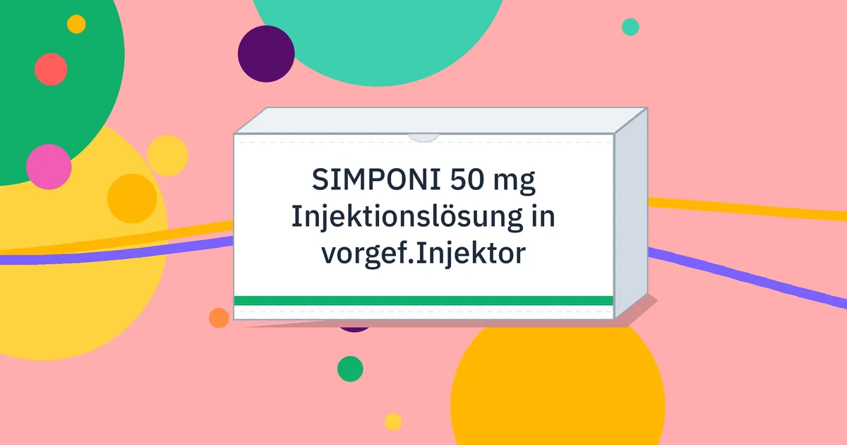Symbolbild: Packung mit der Aufschrift SIMPONI 50 mg Injektionslösung in vorgef.Injektor (PZN 16567683) – Verfügbarkeit und Bezug in Apotheken in Frankfurt am Main