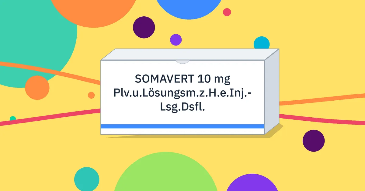 Symbolbild: Packung mit der Aufschrift SOMAVERT 10 mg Plv.u.Lösungsm.z.H.e.Inj.-Lsg.Dsfl. (PZN 19925137) – Verfügbarkeit und Bezug in Apotheken in Frankfurt am Main