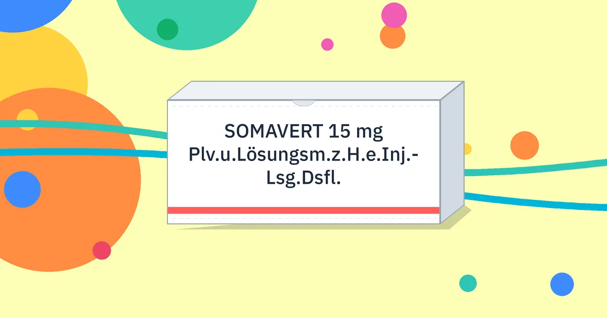 Symbolbild: Packung mit der Aufschrift SOMAVERT 15 mg Plv.u.Lösungsm.z.H.e.Inj.-Lsg.Dsfl. (PZN 14046661) – Verfügbarkeit und Bezug in Apotheken in Frankfurt am Main