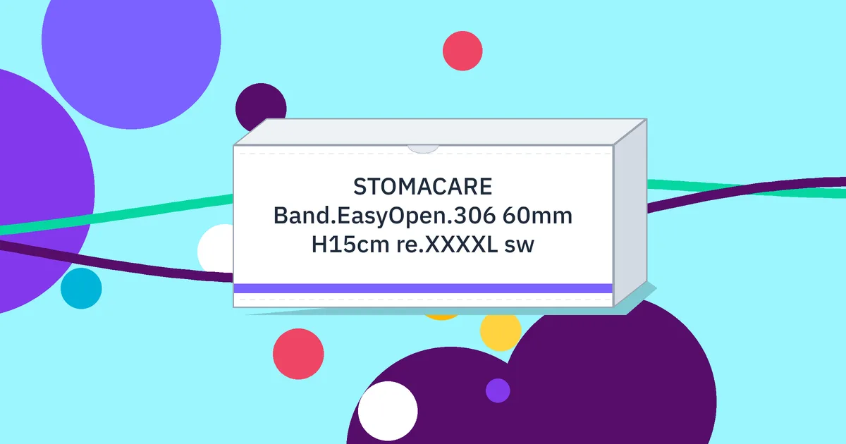 Symbolbild: Packung mit der Aufschrift STOMACARE Band.EasyOpen.306 60mm H15cm re.XXXXL sw (PZN 09437514) – Verfügbarkeit und Bezug in Apotheken in Frankfurt am Main
