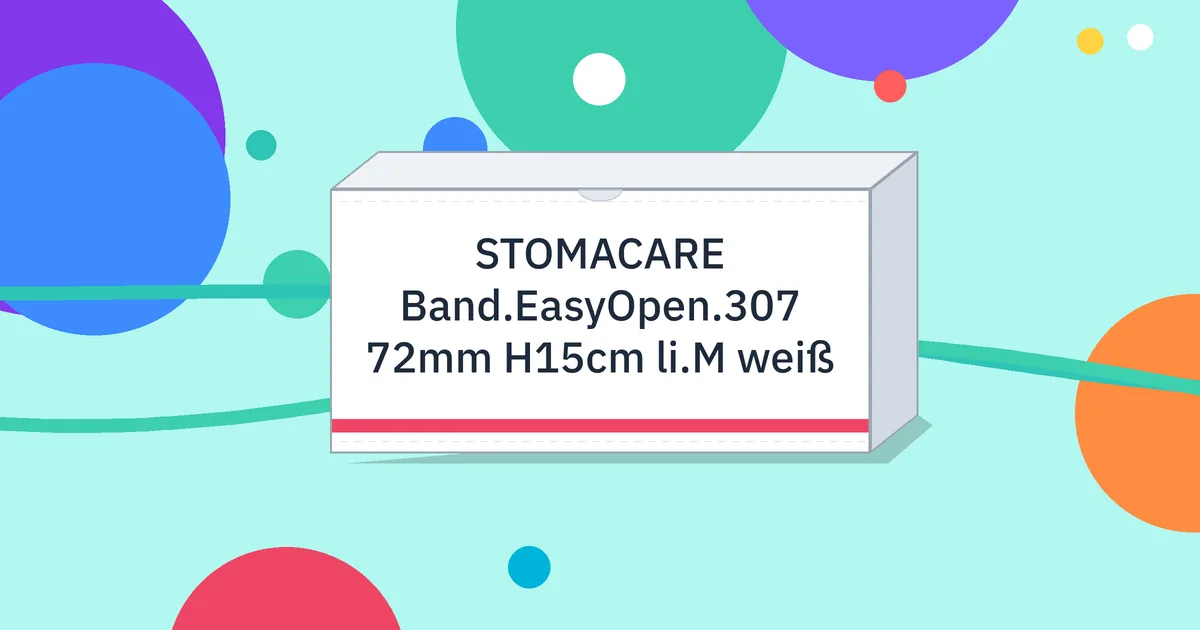 Symbolbild: Packung mit der Aufschrift STOMACARE Band.EasyOpen.307 72mm H15cm li.M weiß (PZN 07665501) – Verfügbarkeit und Bezug in Apotheken in Frankfurt am Main