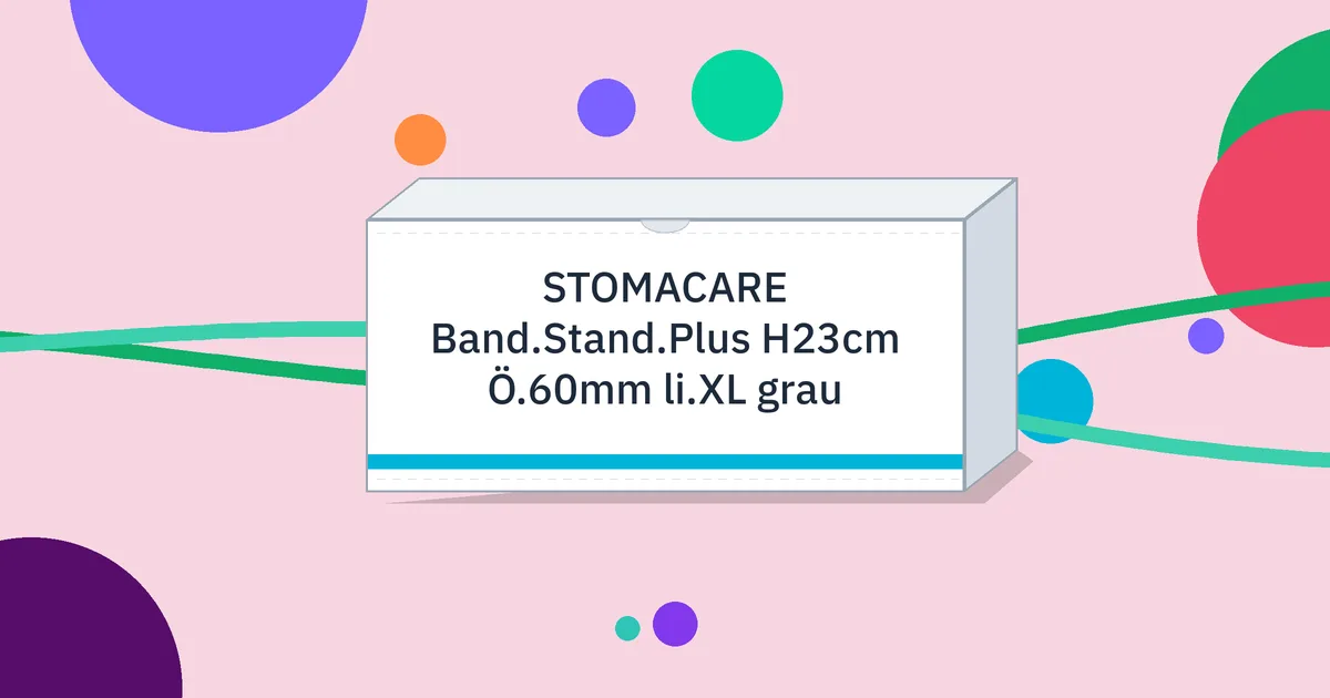 Symbolbild: Packung mit der Aufschrift STOMACARE Band.Stand.Plus H23cm Ö.60mm li.XL grau (PZN 16750826) – Verfügbarkeit und Bezug in Apotheken in Frankfurt am Main