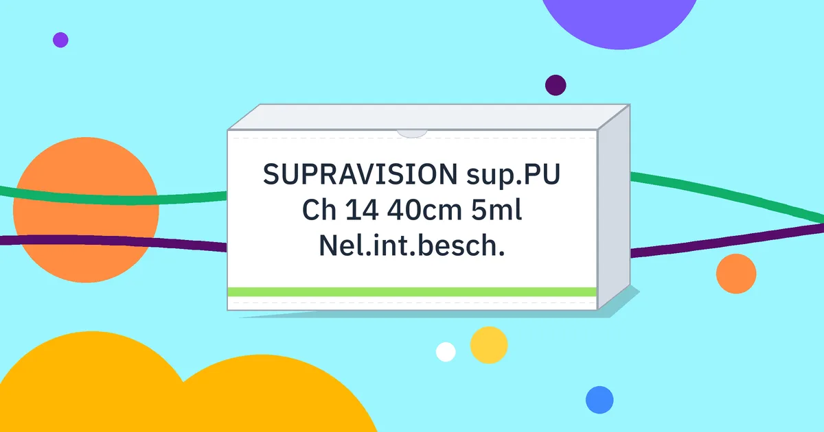 Symbolbild: Packung mit der Aufschrift SUPRAVISION sup.PU Ch 14 40cm 5ml Nel.int.besch. (PZN 18306159) – Verfügbarkeit und Bezug in Apotheken in Frankfurt am Main