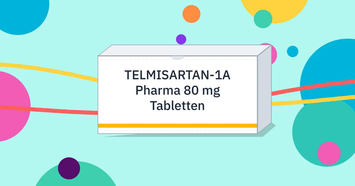 Symbolbild: Packung mit der Aufschrift TELMISARTAN-1A Pharma 80 mg Tabletten (PZN 01621365) – Verfügbarkeit und Bezug in Apotheken in Frankfurt am Main